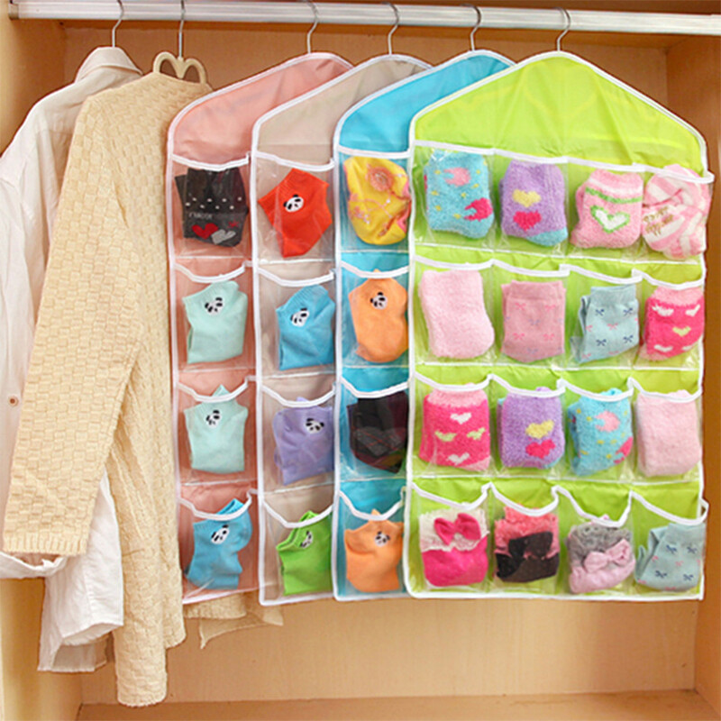 16 Pockets Organizer Clear Hanger Wardrobe Storage Bag Hanging Socks ...