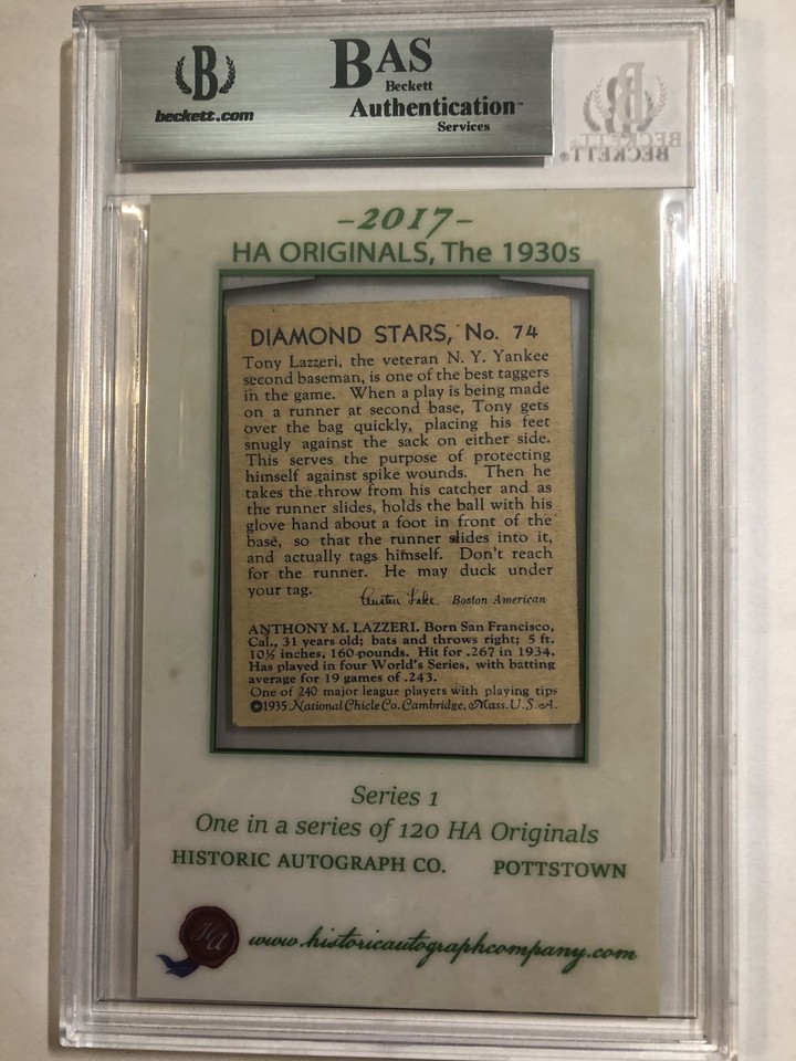 TONY LAZZERI HISTORIC AUTOGRAPHS HA ORIGINALS 1930s DIAMOND STARS AUTO ...