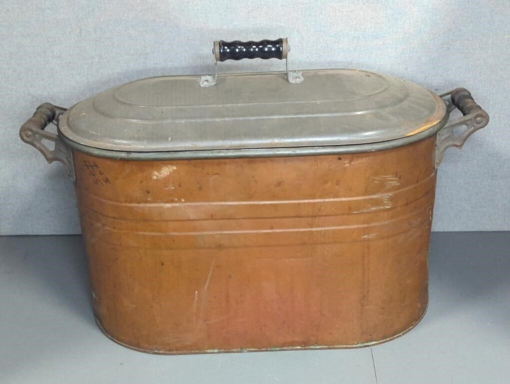 Large Vintage Antique Copper Boiler Cooker Wash Tub W/ Lid & Wood ...