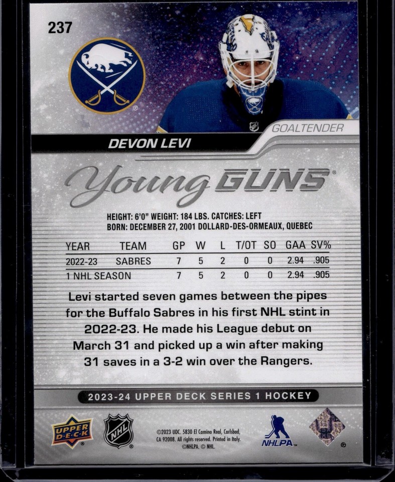 2023-24 Upper Deck Young Guns Devon Levi SP RC Card #237 | eBay