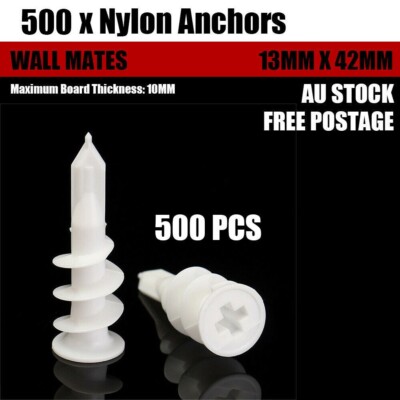 500 PCS Nylon Anchors Screws 13mm x 42mm Wall Mates For Plaster Board ...