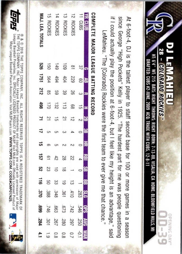 2016 Topps Opening Day DJ LeMahieu #OD-39 Colorado Rockies Baseball ...