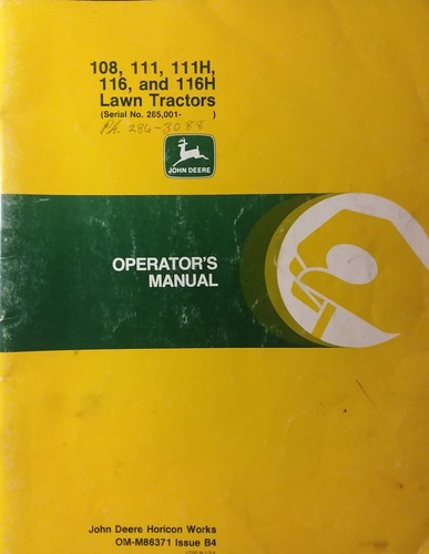 John Deere 108 111 116 111H 116H Lawn Tractor & Mower Owners Manual s/n ...