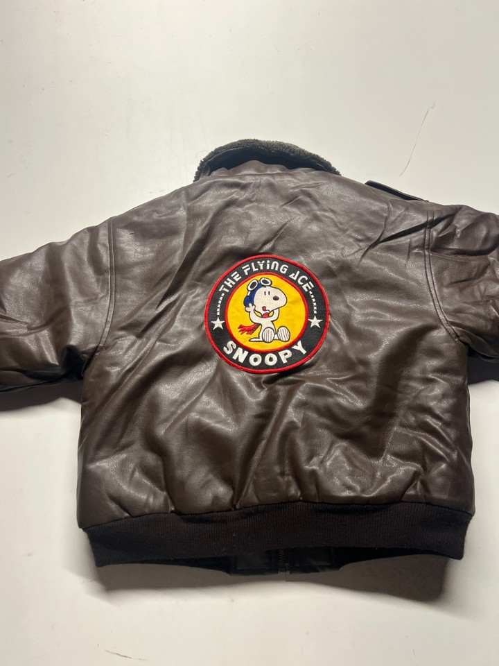 Peanuts Bomber Jacket Brown Leather Sherpa Collar Snoopy Flying Ace ...