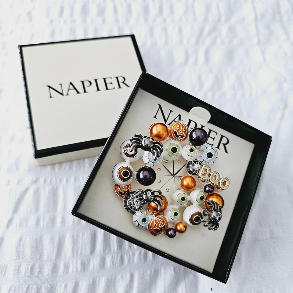 Napier BOO Halloween Wreath Pin Brooch 3D Spiders Eyeballs Pumpkins ...