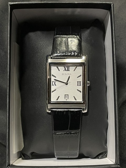 Bulova 96B107 41mm Silver Stainless Steel Case with Black Leather Strap ...