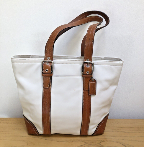 COACH Hampton Leather Bucket Tote Shoulder Bag F11201 in Off White/Tan ...