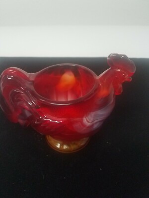 Red Slag glass Chicken Rooster Egg Cup/ tooth pic holder Satin Swirl | eBay