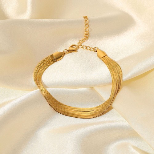Woman 18K Gold Plated 3 Layers Herringbone Flat Snake Chain Bracelet ...