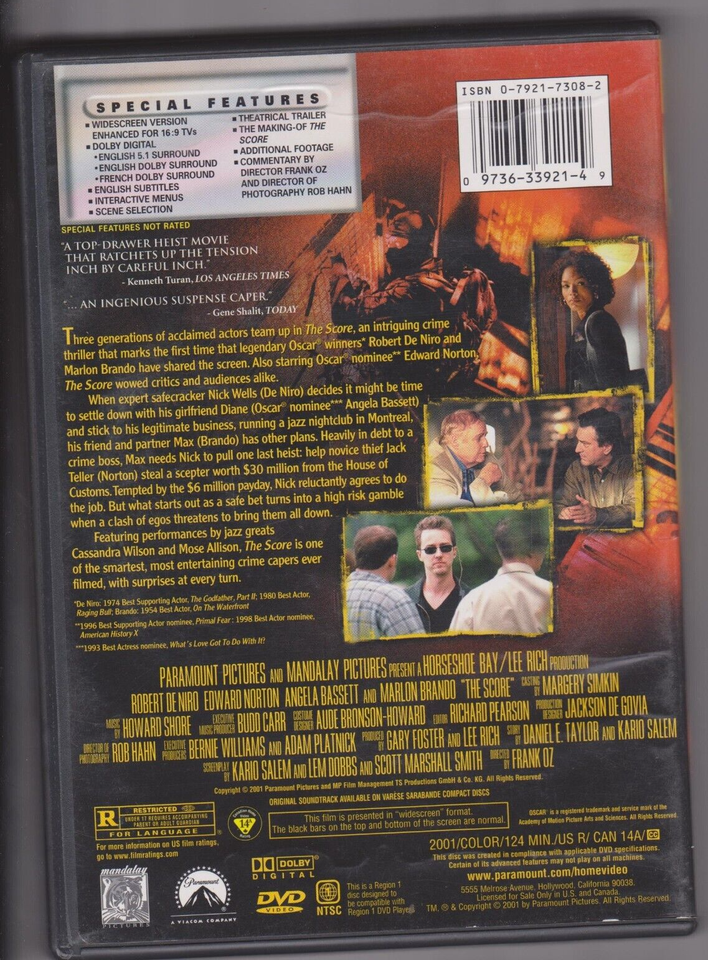 The Score (DVD, 2001) Robert Deniro. Edward Norton. Crime Thriller ...