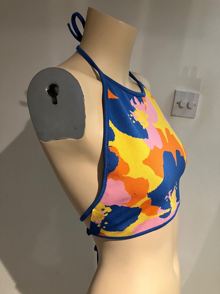 Zara Blue, orange floral pint halter crop tie top UK 8/10 small ...