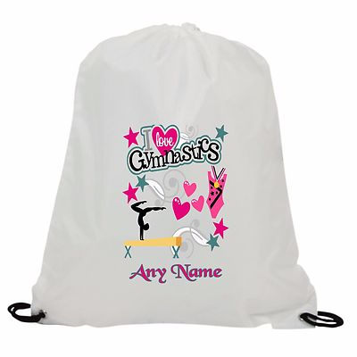 PERSONALISED I LOVE GYMNASTICS SUBLIMATION GYM SWIMMING PE DRAWSTRING ...