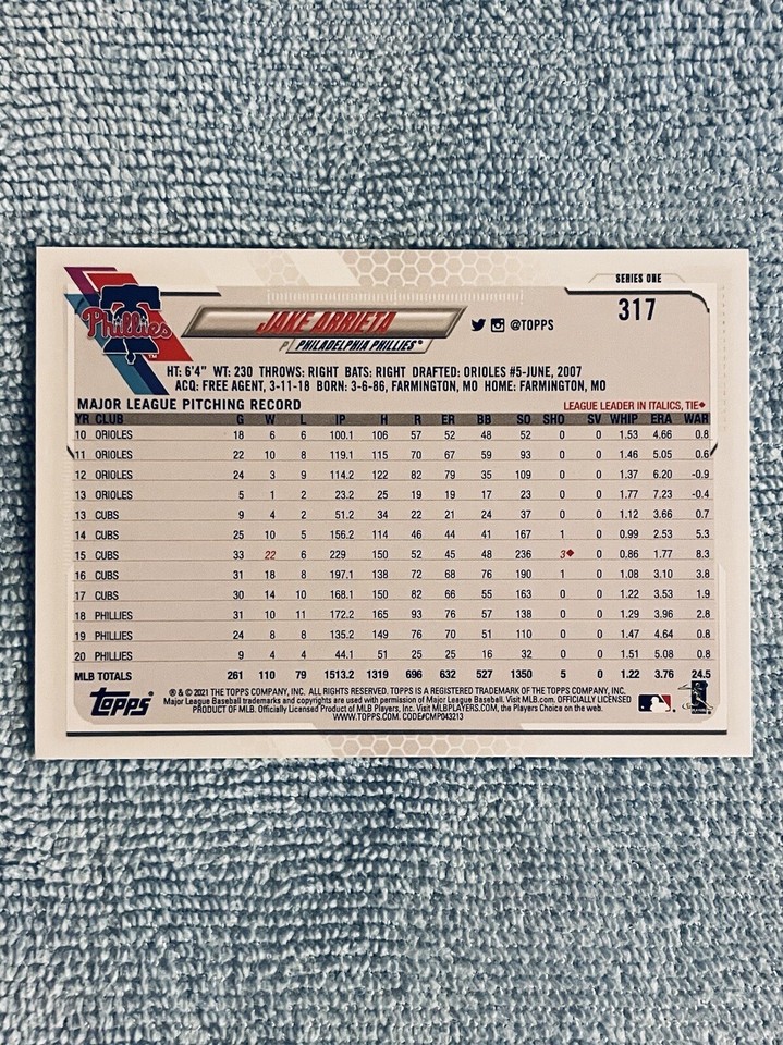 2021 Topps Series 1 Jake Arrieta #317 Philadelphia Phillies | eBay