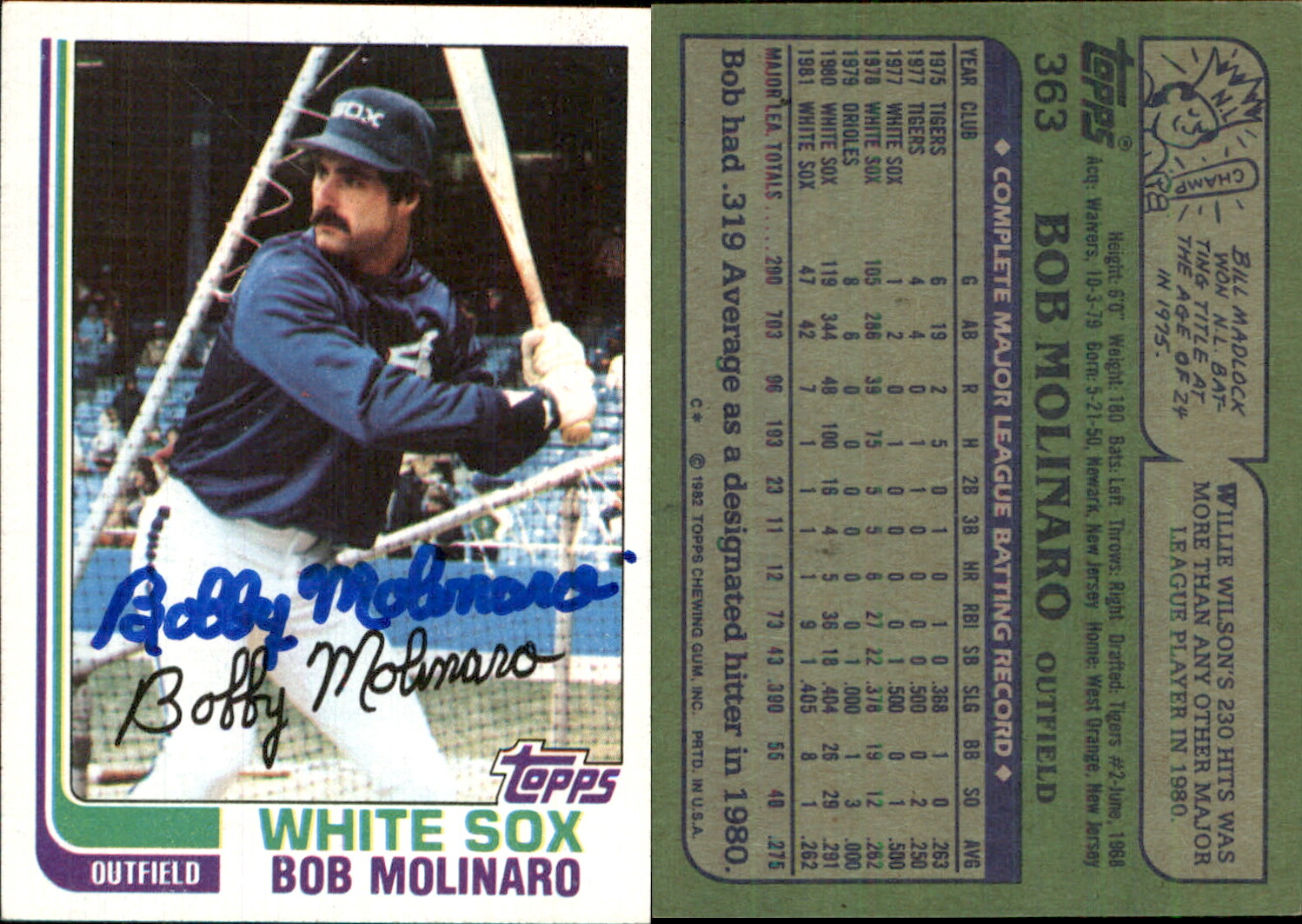 Bob Molinaro Signed 1982 Topps #363 Card Chicago White Sox Auto AU | eBay
