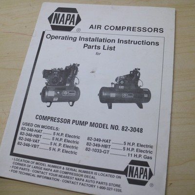 NAPA AIR COMPRESSOR 82-3048 Owner user Guide Book Shop Manual Operator ...