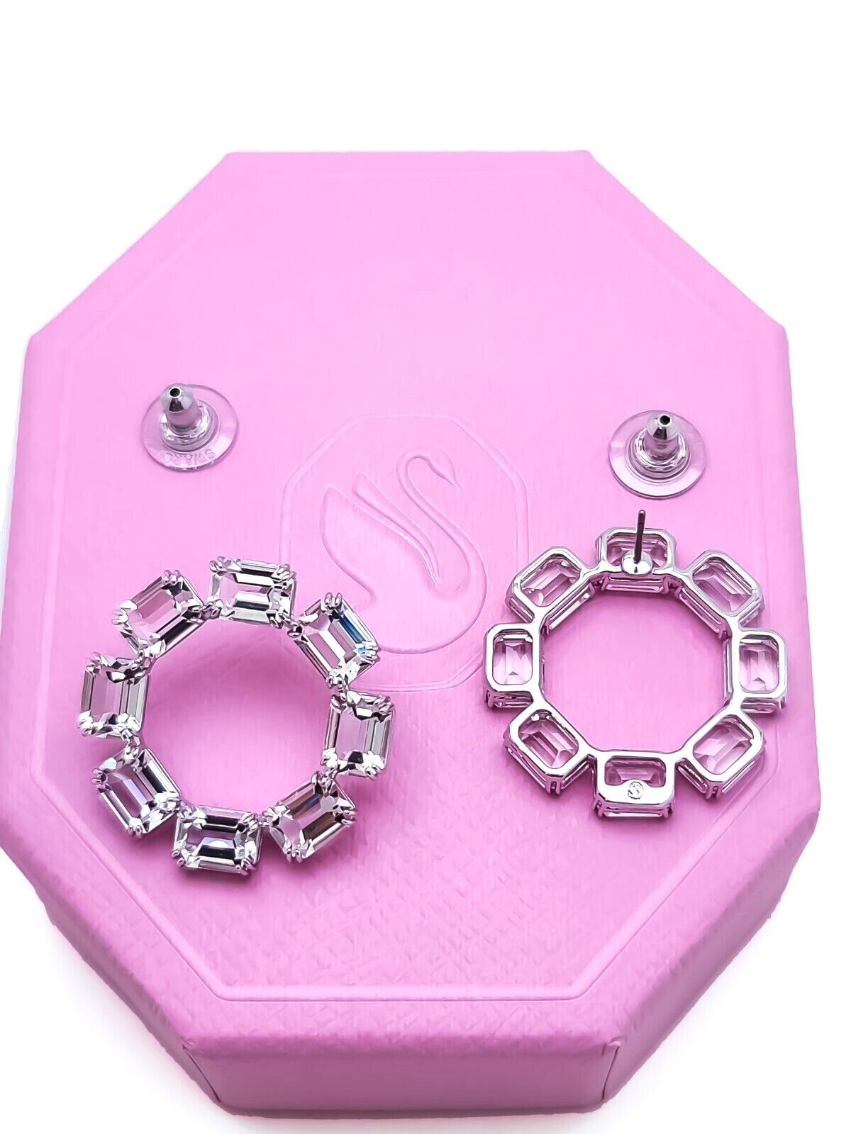 100% SWAROVSKI Rhodium Octagon White Crystals Millenia Hoop Earrings ...