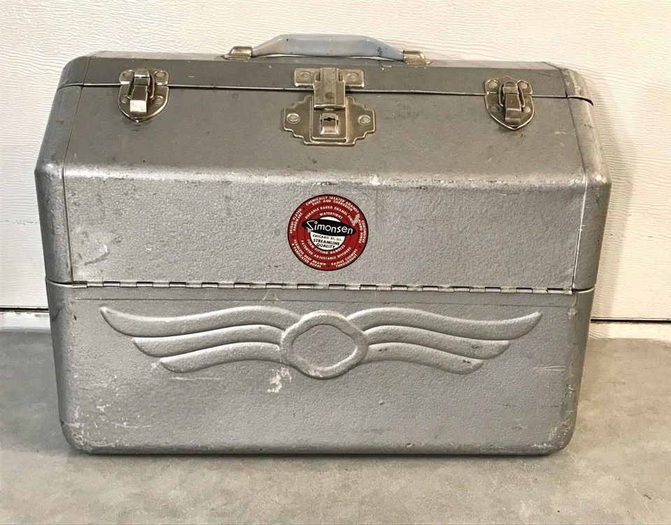 Vintage LARGE Simonsen Chicago Metal Tool Tackle Box 17.75 X 13 X 10.25 ...