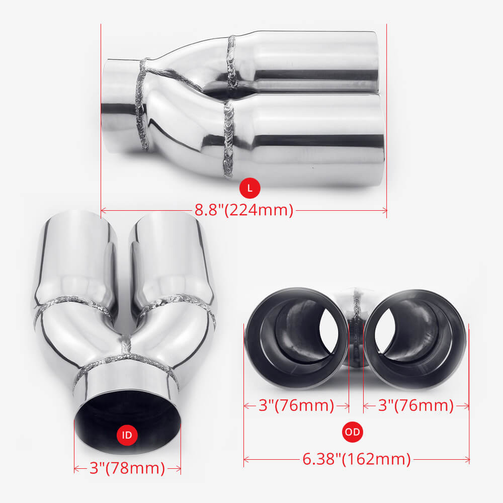 Straight Cut 3" Inlet 3" Outlet Exhaust Tips Round Dual Wall Stainless ...