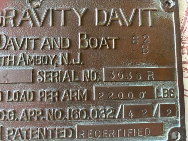 Welin Gravity Davit Bronze data plate Perth Amboy NJ 1957 Marine ...