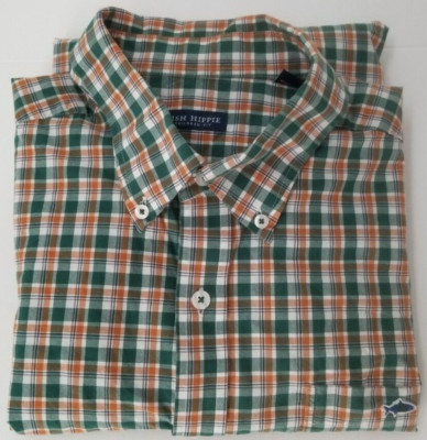Fish Hippie Mens Tailored Fit Button Down Green Orange Plaid Shirt Size ...