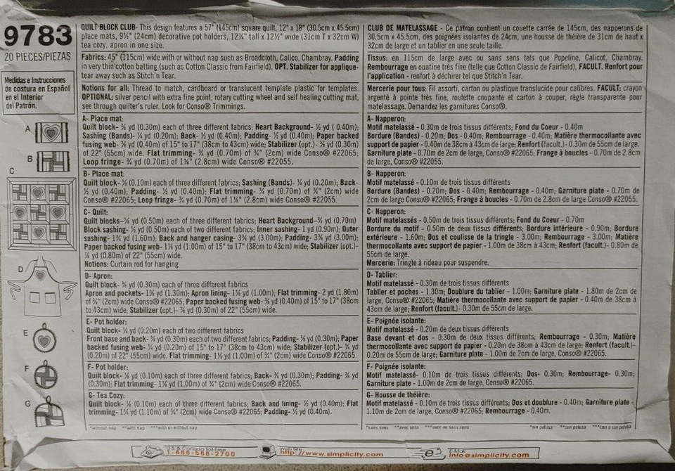 Simplicity Pattern 9783 Quilt Block Club Apron Tea Cozy Potholder Place ...