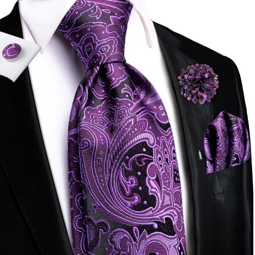 Men's Tie Lapel Pin Set Pocket Square Cufflinks Formal Black Purple ...