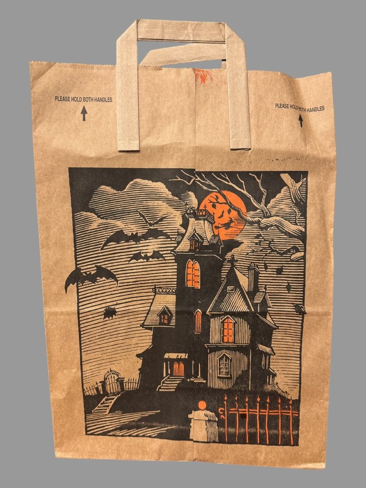 Vintage Halloween Paper Grocery Bag Haunted House Black Cat & Witch | eBay