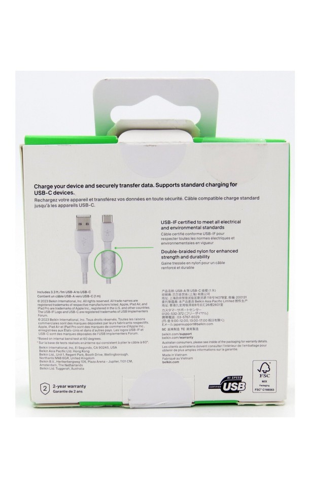 Belkin BoostCharge USB-A to USB-C Braided Cable 3.3ft 1M White In ...