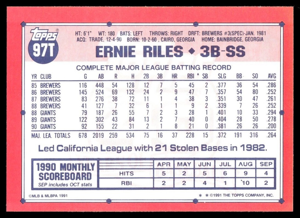 1991 Topps Traded #97T Ernie Riles - Oakland Athletics | eBay