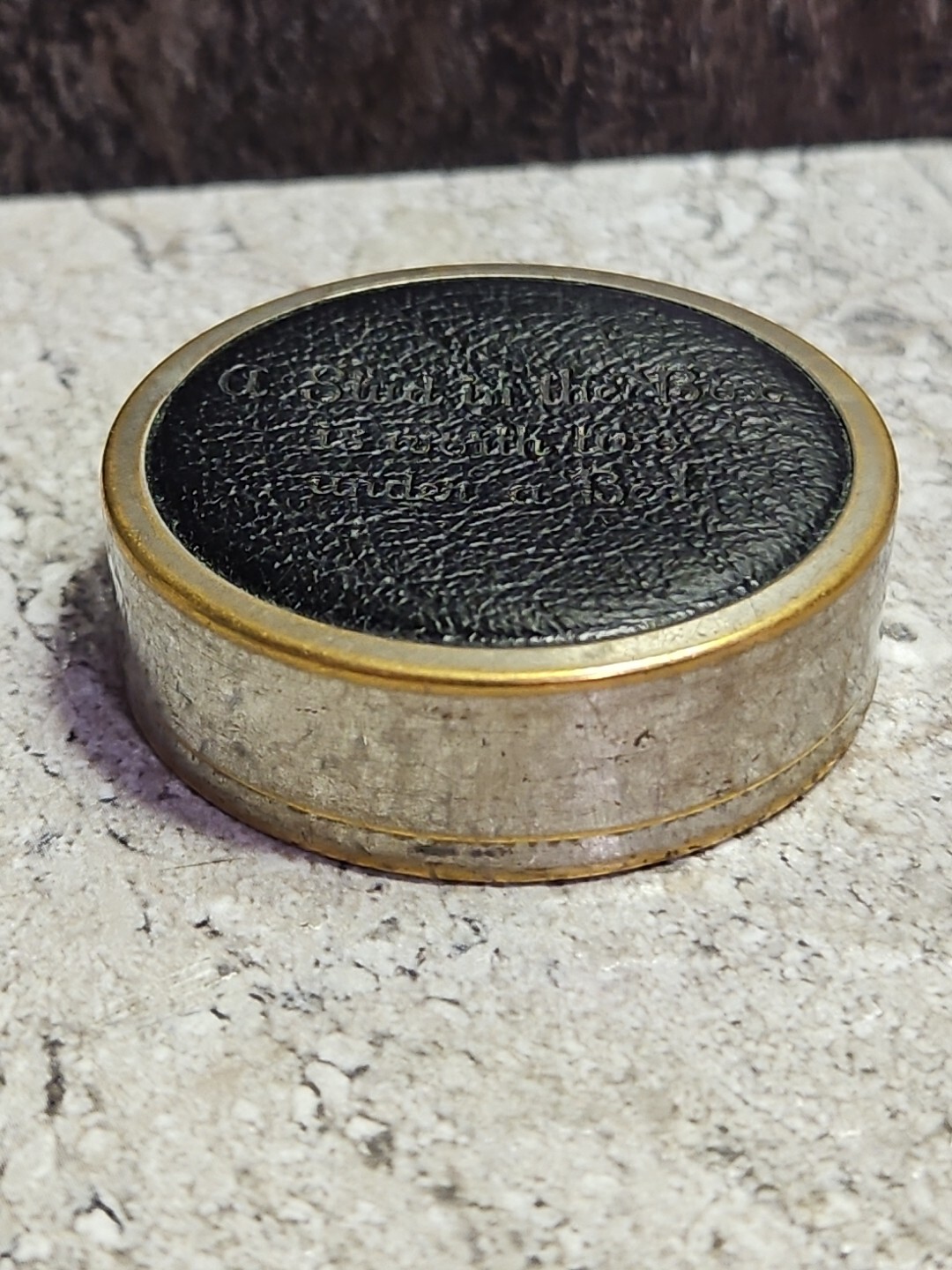 Old shirt studs box, inscribed " A Stud in the Box is worth two under ...