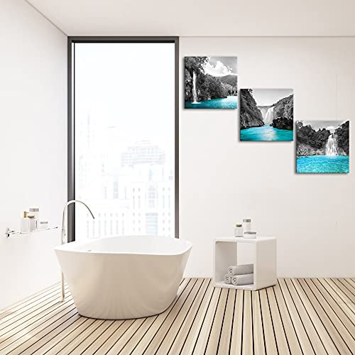 3 Pieces Teal Waterfall Pictures Black and White Canvas Wall Art ...