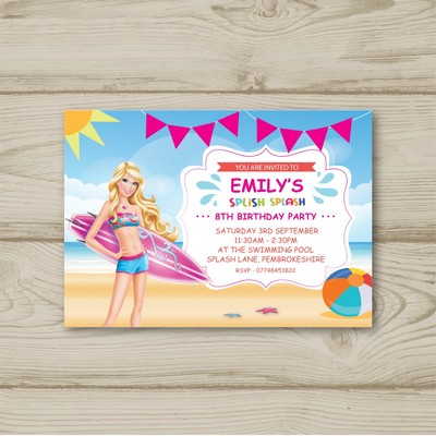 Barbie Beach Pool 10 Personalised Birthday Party Invitations | eBay