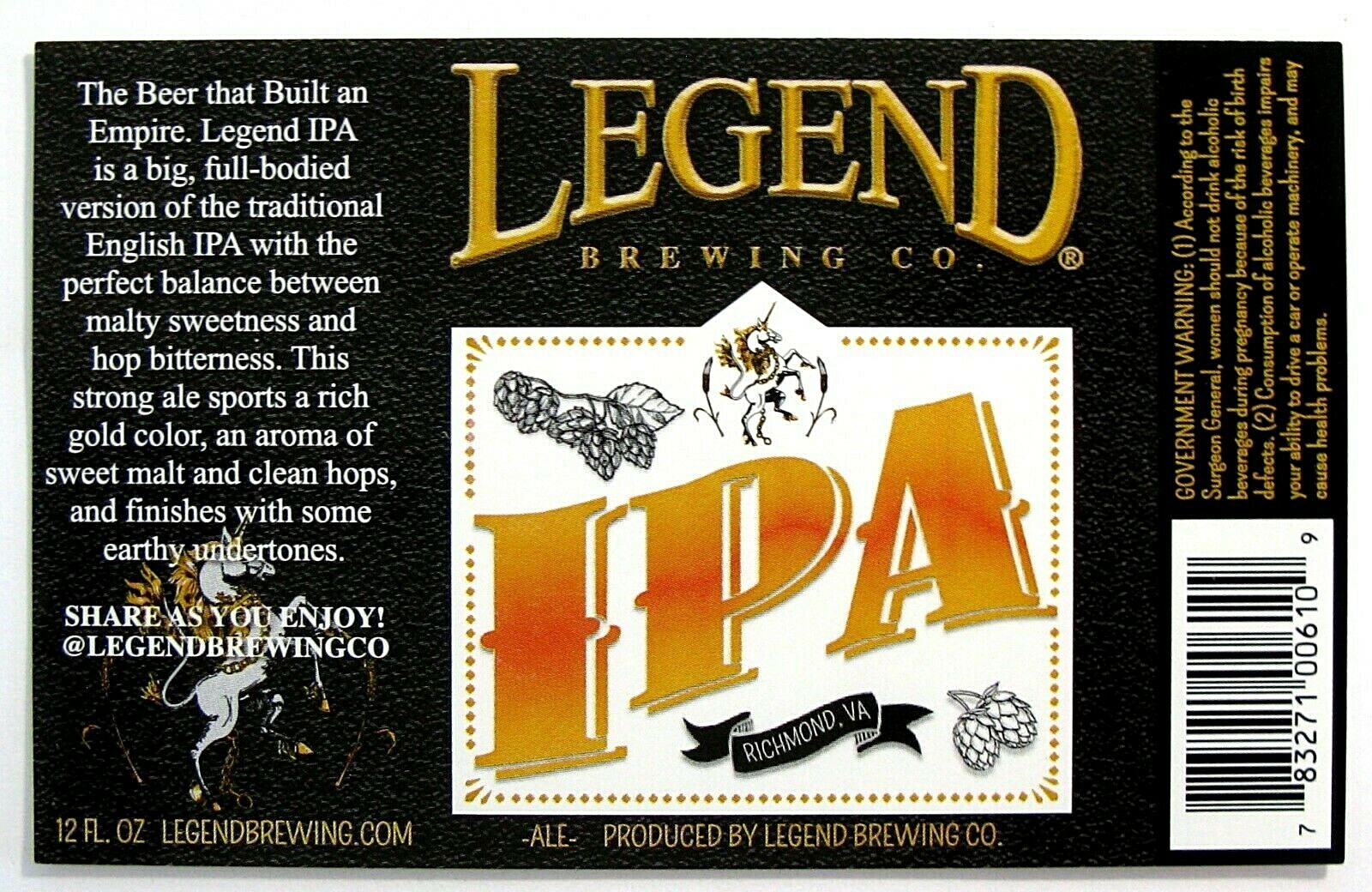 Legend Brewing Co.LEGEND IPA beer label VA 12oz | eBay