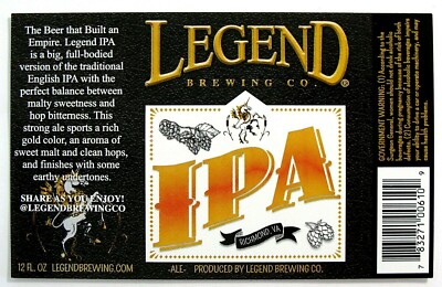 Legend Brewing Co.LEGEND IPA beer label VA 12oz | eBay