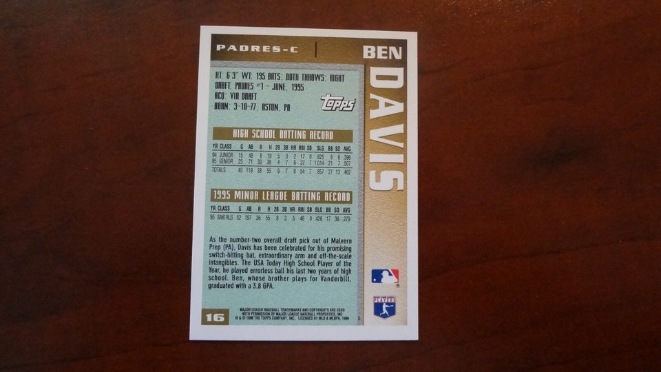1996 TOPPS DRAFT PICK # 16 BEN DAVIS BASEBALL CARD | eBay