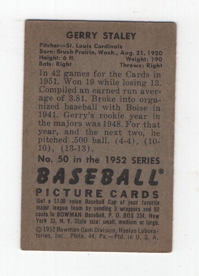1952 Gerry Staley Baseball Bowman card #50 in Ex condition. 4.99$ | eBay
