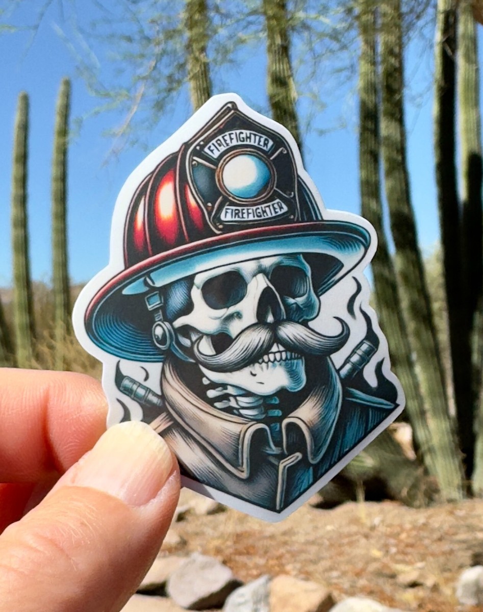 Firefighter Skull Tattoos 2" Firefighter Skull Smoking Cigar Sticker,
