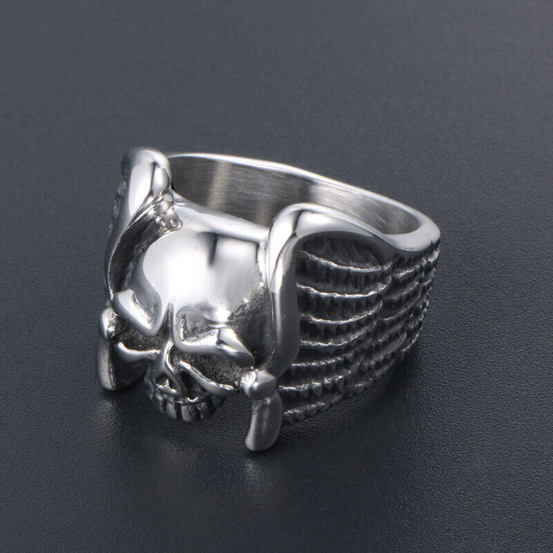 ANGEL WINGS SKULL RINGS STAINLESS STEEL MEN'S PUNK SKULL HEAD BIKER ...