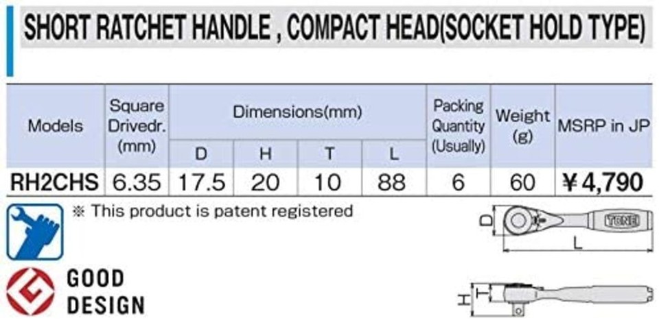 TONE RH2CHS 1/4 Square Drive 60 Teeth Short Handle Ratchet | eBay Australia