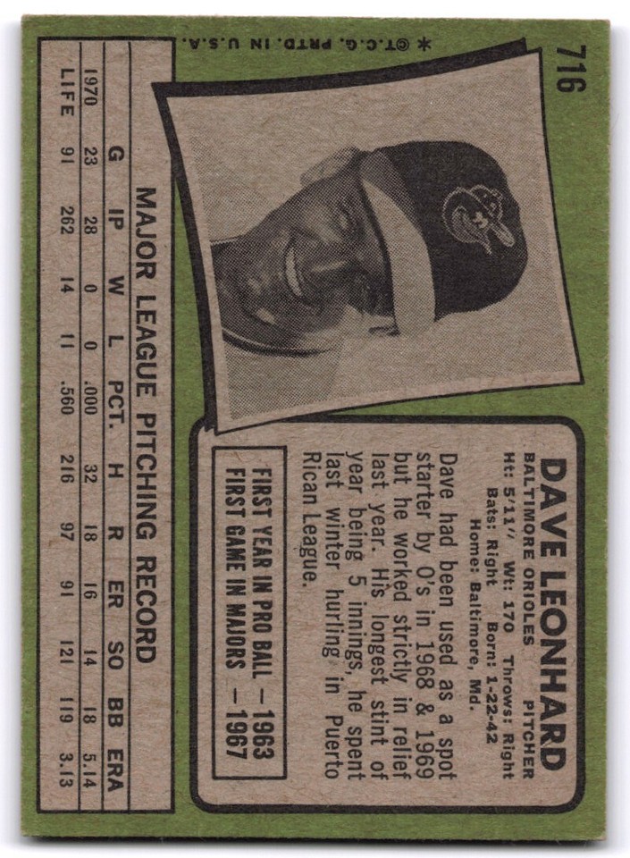 1971 Topps Dave Leonhard Baltimore Orioles #716 | eBay