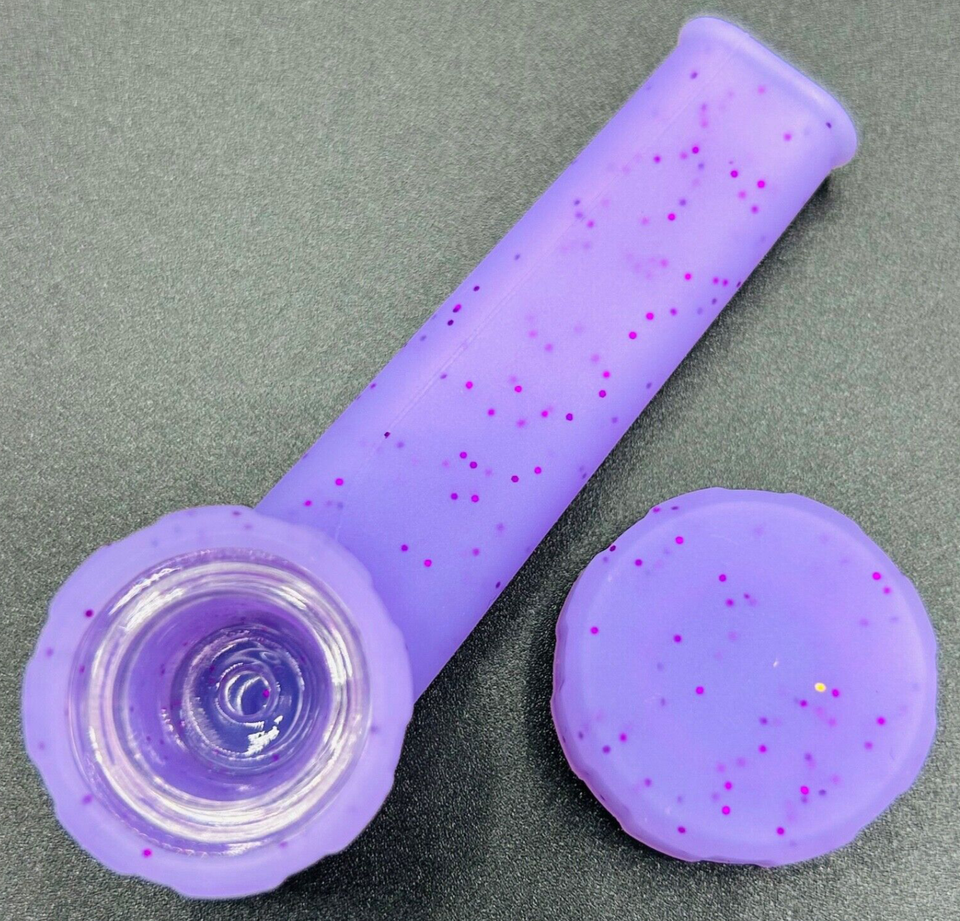 Silicone Smoking Pipe with Glass Bowl & Cap Lid | Purple Sparkle GLOWS ...
