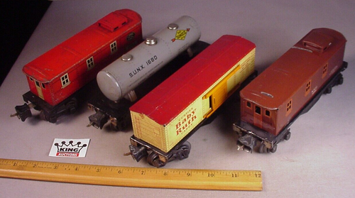 Vintage Pre-War Lionel Trains 4 Metal Tin Cars in O gauge Sunoco Baby ...
