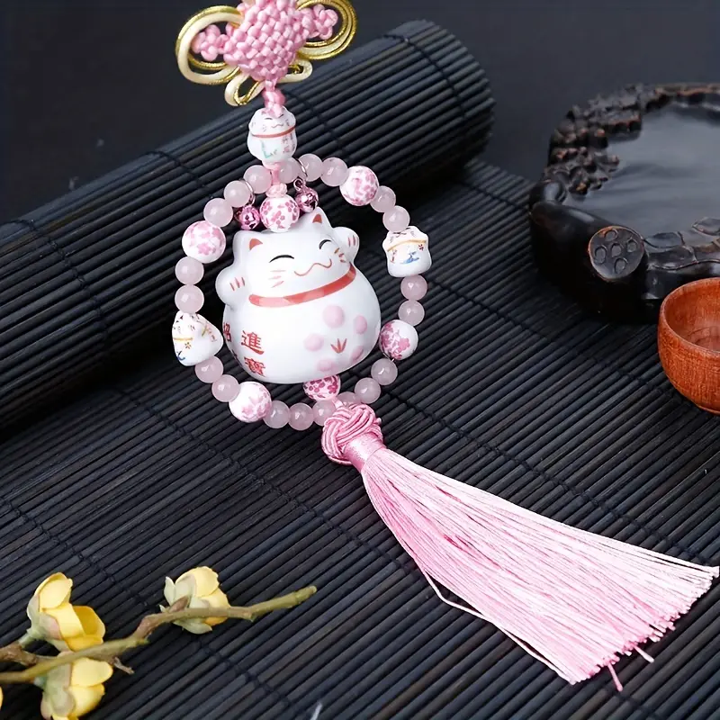 1pc Pink Lucky Cat Charm Ceramic Car Hanging Pendant Chinese Knot ...
