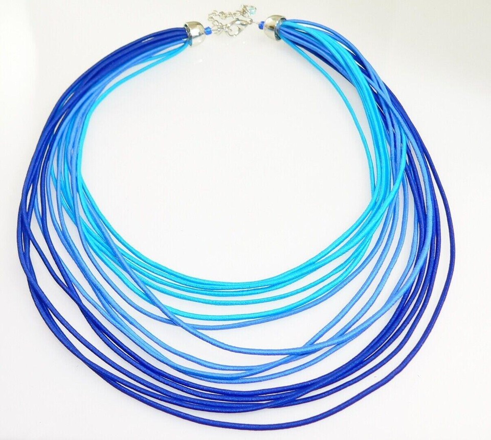 Kette Halskette Collier Statement Textil mehrreihig blau hellblau ...