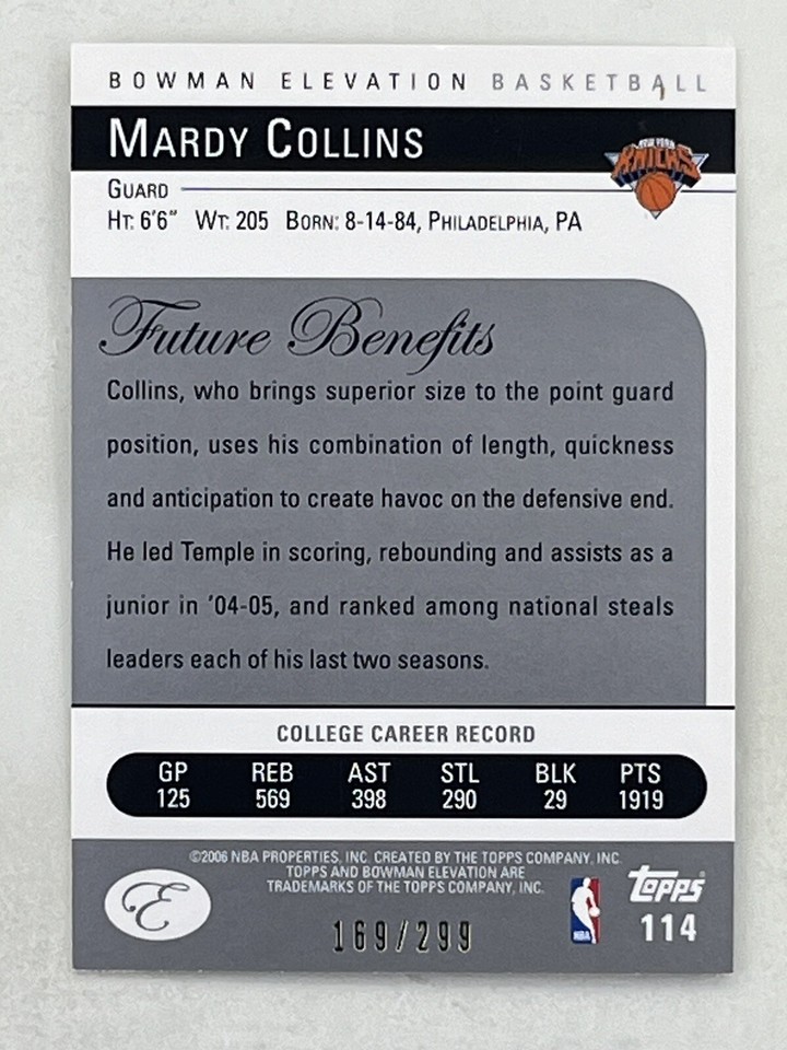 Mardy Collins 2006-07 Bowman Elevation Red RC /299 #114 NBA Knicks ...