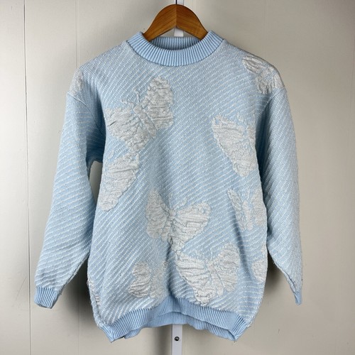 Vintage 80s Teasers Butterfly Sweater Light Blue Metallic Silver Womens ...
