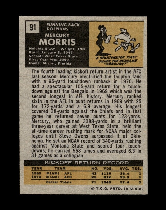 1971 Topps Set-Break # 91 Mercury Morris RC EX-EXMINT *GMCARDS* | eBay