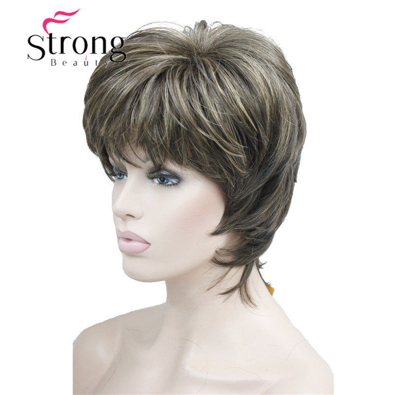 Short Layered Brown Highlighted Shag Classic Cap Synthetic Wig Women's ...
