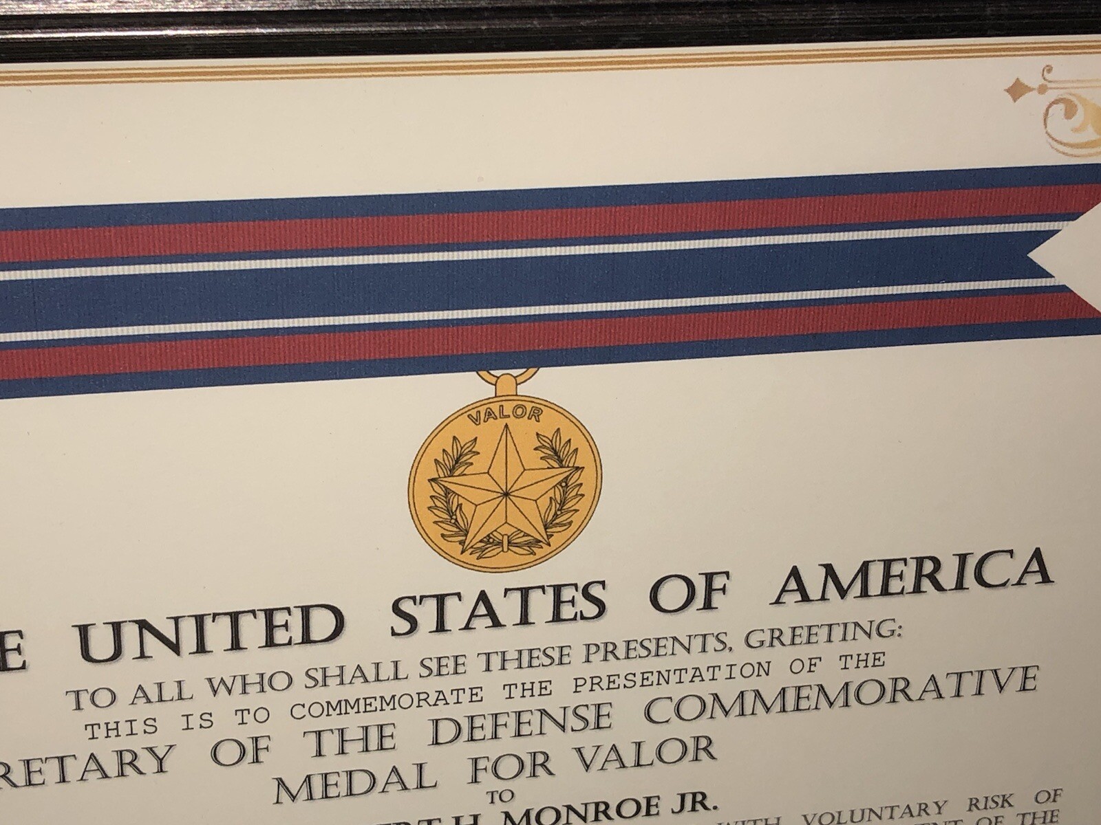 SECRETARY OF DEFENSE COMMEMORATIVE MEDAL FOR VALOR CERTIFICATE ~ Type-1 ...