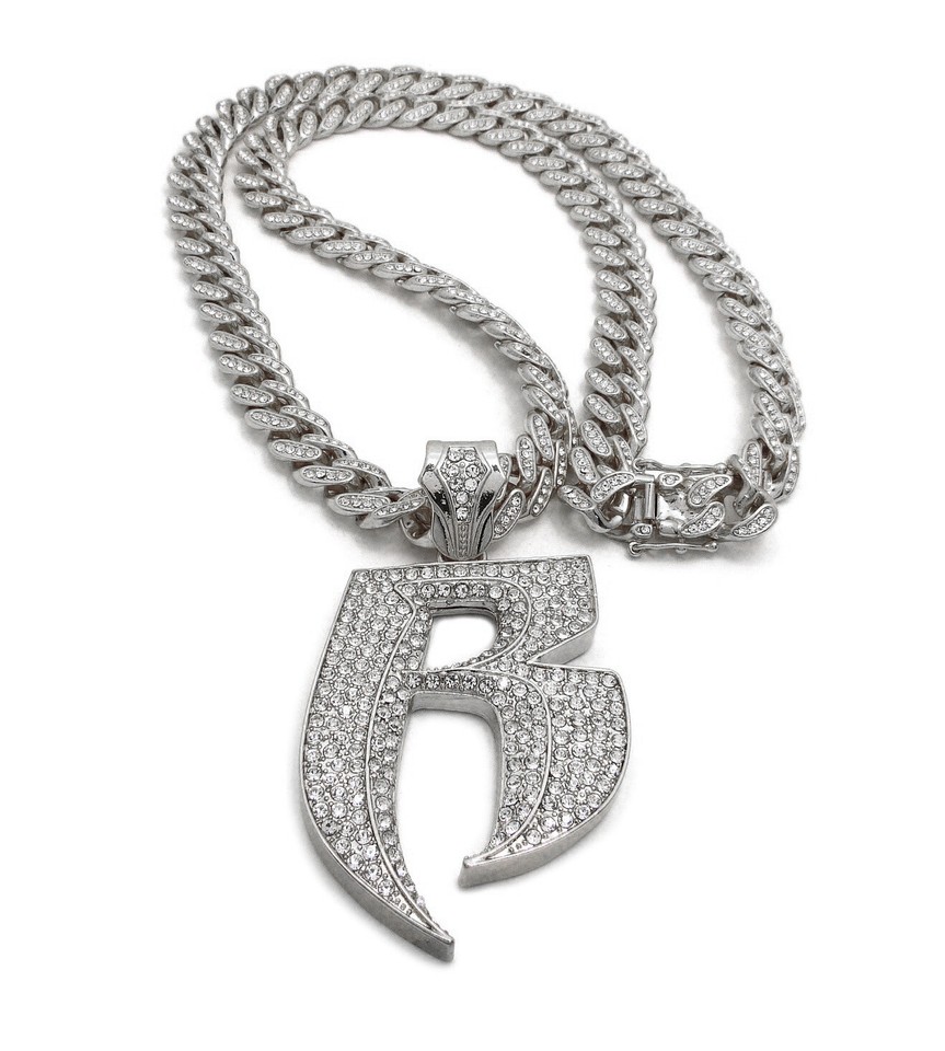 RUFF RYDERS PENDANT 30" SILVER CUBAN LINK CHAIN NECKLACE HIP HOP RAPPER ...